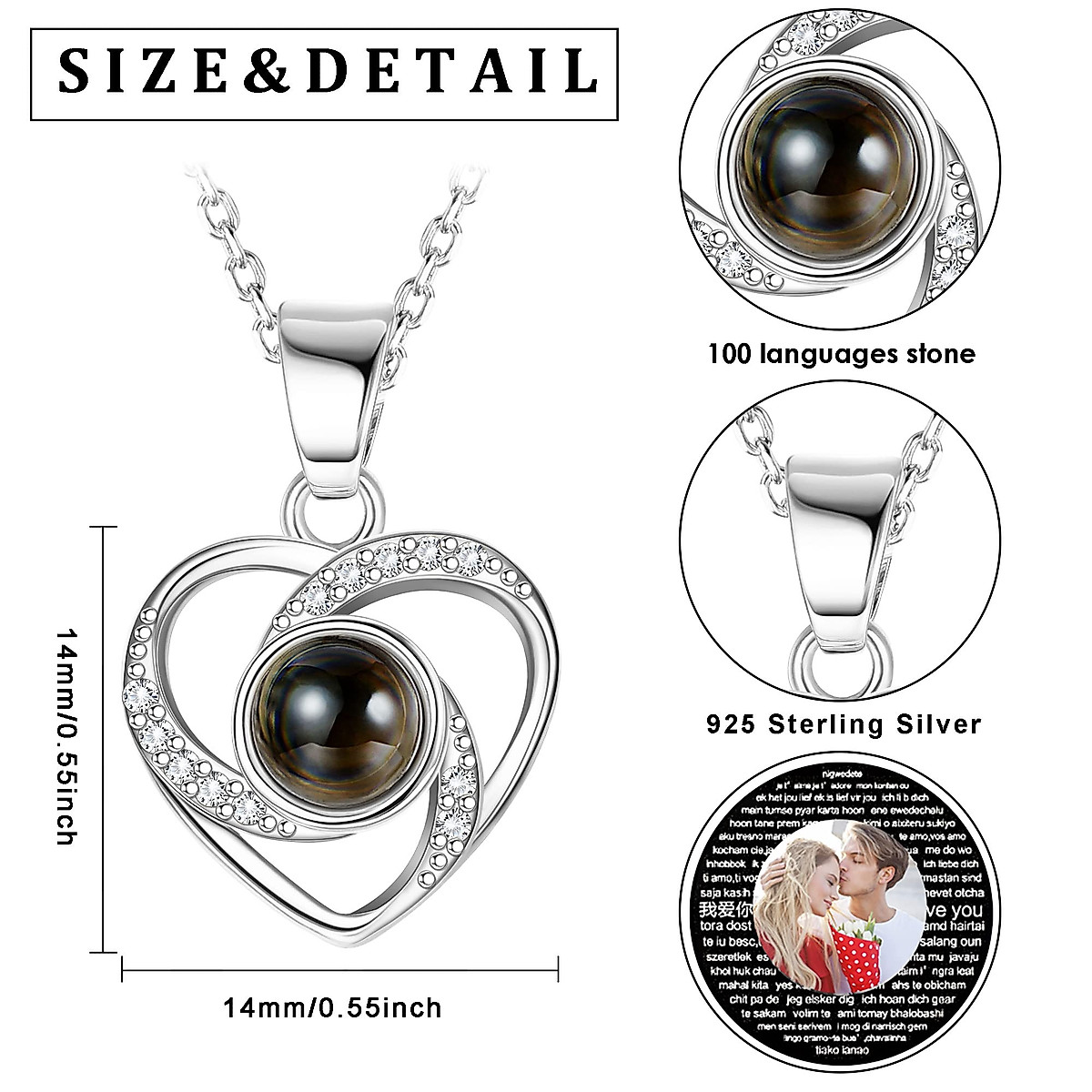 Jewenova 925 Sterling Silver Photo Projective Necklace, Custom I Love You Necklace 100 Languages Heart Photo Necklace, Personalized Gift for Women