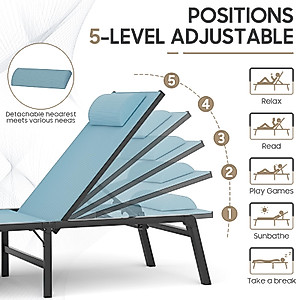 WOAJN Aluminum Patio Chaise Lounge Chair Set of 2,5-Position Adjustable Backrest,Foldable Lounge Chair Outdoor,Pool Lounge Chairs for Poolside,Lawn,Deck,Beach,Blue