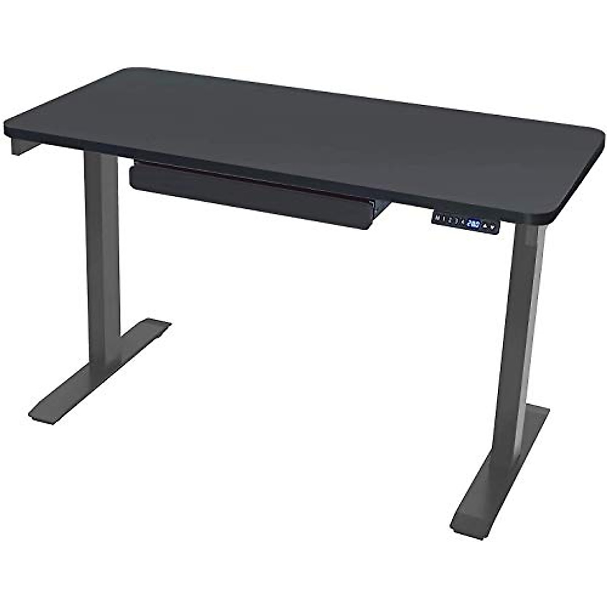 Motionwise Height Adjustable 24x48 inch Desk with Drawer, adjust 28" to 48" with up to 4 Pre-Set Height Adjustments and USB Charge Port, Black Top with light Grey frame