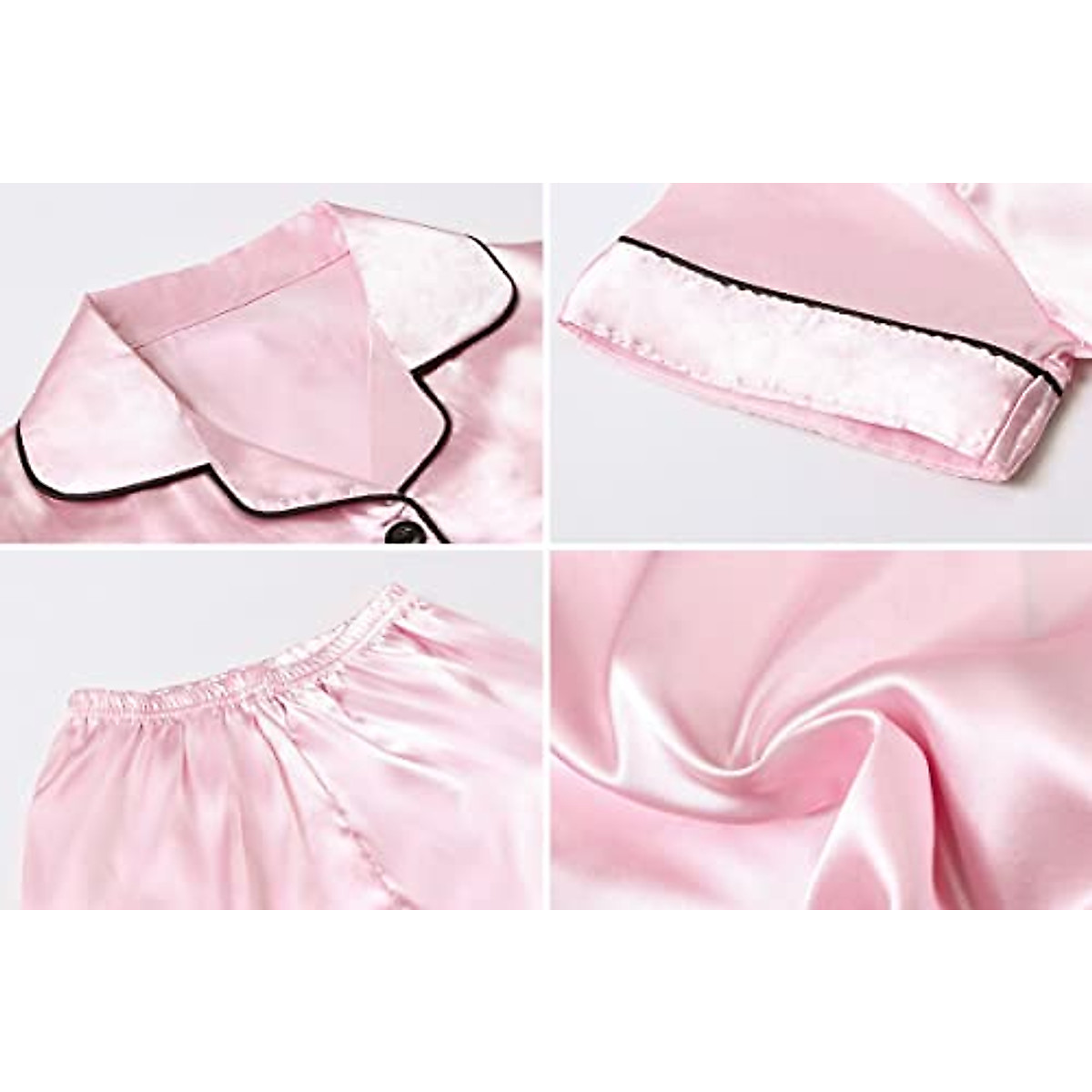 Women's Satin Pajamas Set, Short Sleeve Button Down Shirt Top + Elastic Waist Shorts Sets Summer Pajamas for Women, A Pink, US XS