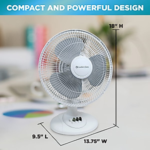 Comfort Zone CZ121WT 12” 3-Speed Oscillating Table Fan with Adjustable Tilt, Convenient Push Button Controls, Quiet Operation, White