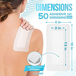 JJ CARE Adhesive Island Dressing [Pack of 50], 4” x 10” Sterile Island Wound Dressing, Breathable Bordered Gauze Dressing, Individually Wrapped Island Wound Bandages with Non-Stick Central Pad