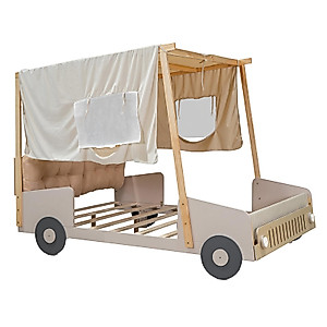 Aiuyesuo Classic Full Size Car-Shaped Platform Bed with Wheels and Ceiling Cloth, Solid Wood Low Bed Frame with Pillow and LED Lights, Cute Floor Bed for Kids Boy Girls