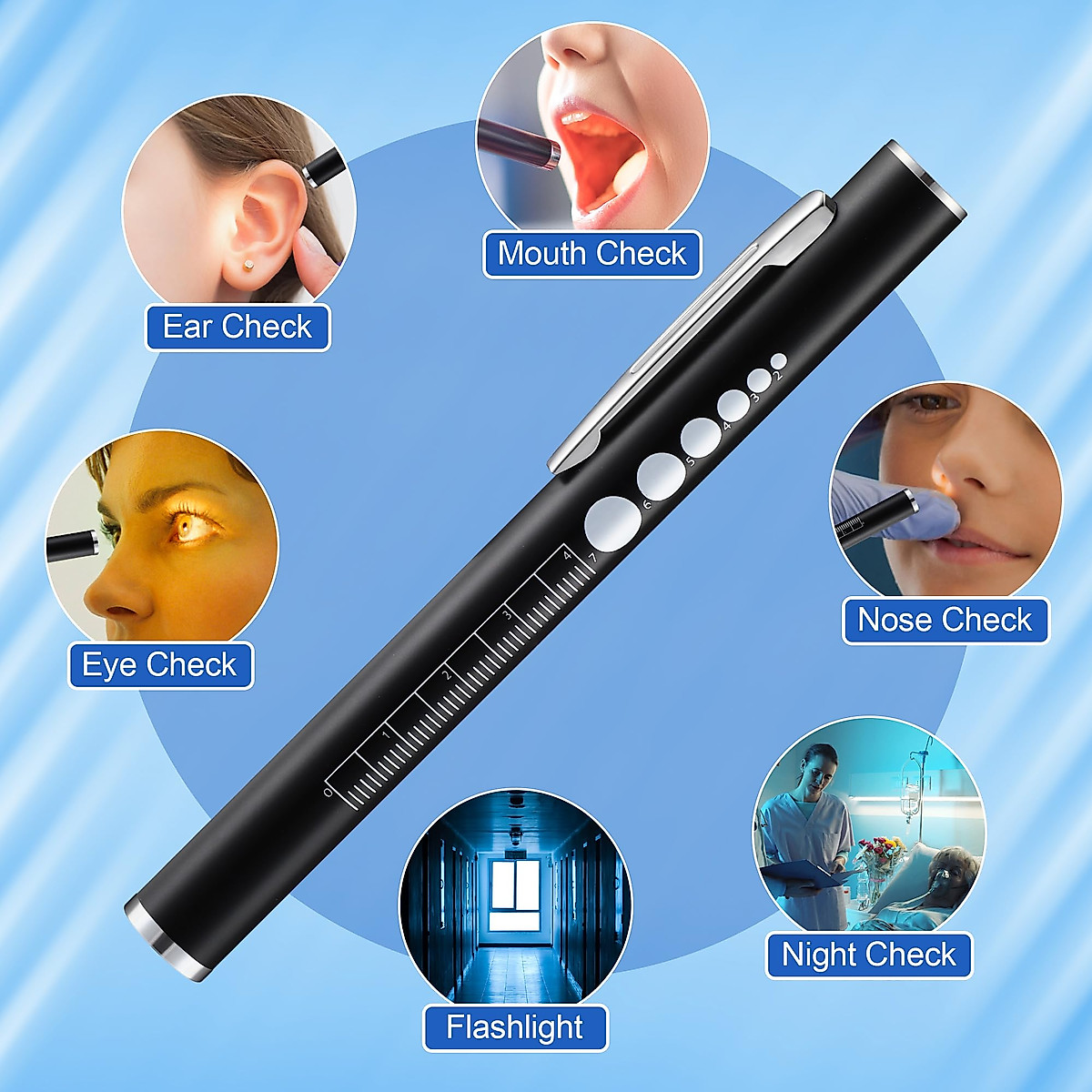 Enhon 6 Pack Nurse Tools Set, 2 Rechargeable LED Pen Lights with Two Sources and Pupil Gauge, One 6'' Trauma Bandage Shear and 3 Mini Highlighter Nurse Pen for Nurse, Nursing Student, Doctor (Black)