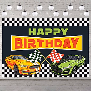 RaceCar Happy Birthday Banner Race Car Check Flag Sports Theme Decorations Decor for Indoor Outdoor Boys 1st Birthday Party Baby Shower Race Fans Favors Background Backdrop Photography