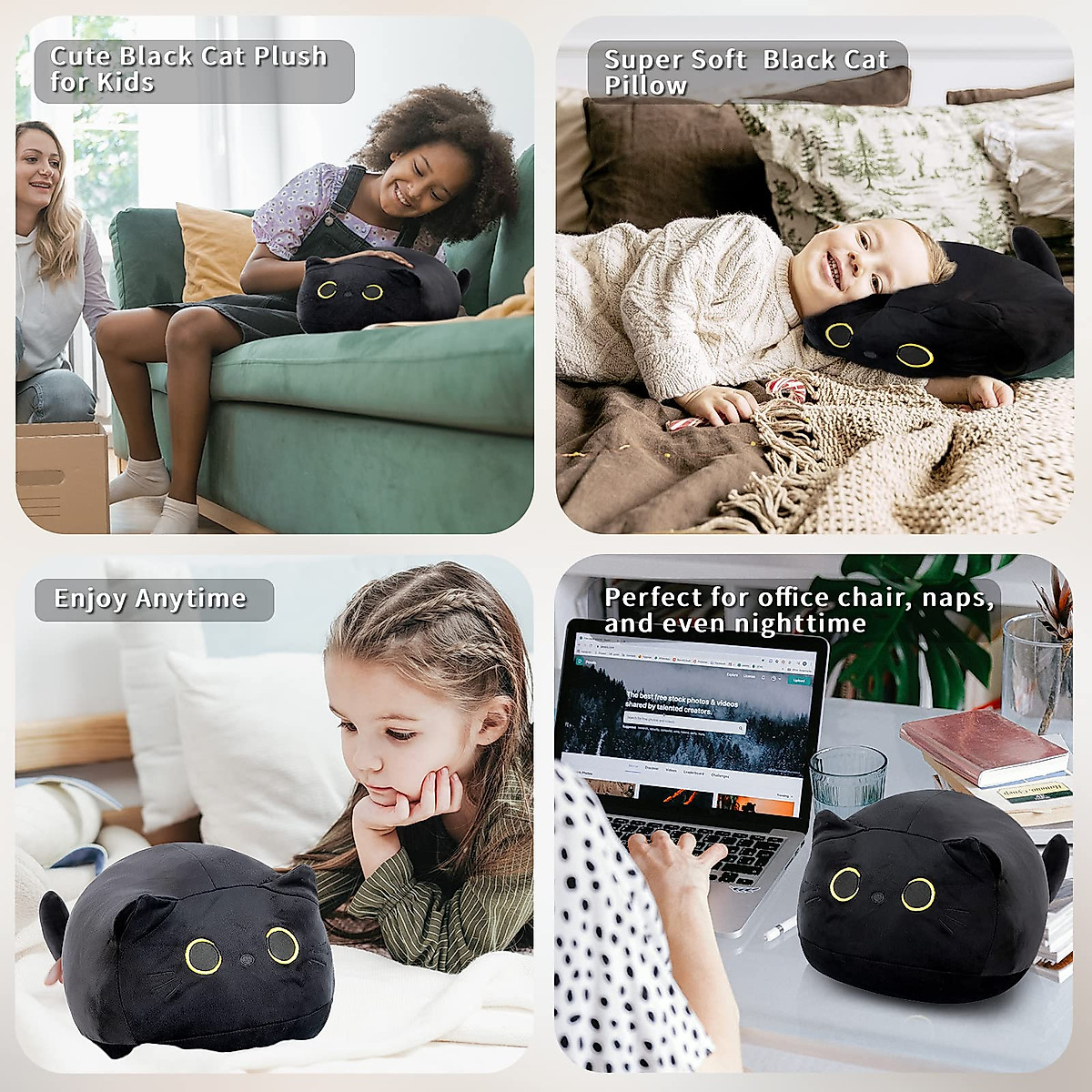 SteasMotai 15.7" 3D Black Cat Plush Toy Pillow, Soft Kawaii Kitten Stuffed Animal Cushion
