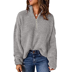 Dokotoo Womens Quarter Zip Sweater Long Sleeve Waffle Knit Casual Tops for Women Fashion 1/4 Zipper Pullover Chunky Gray Sweaters V Neck Oversized Sweater Fall Winter Outfits Clothes X-Large