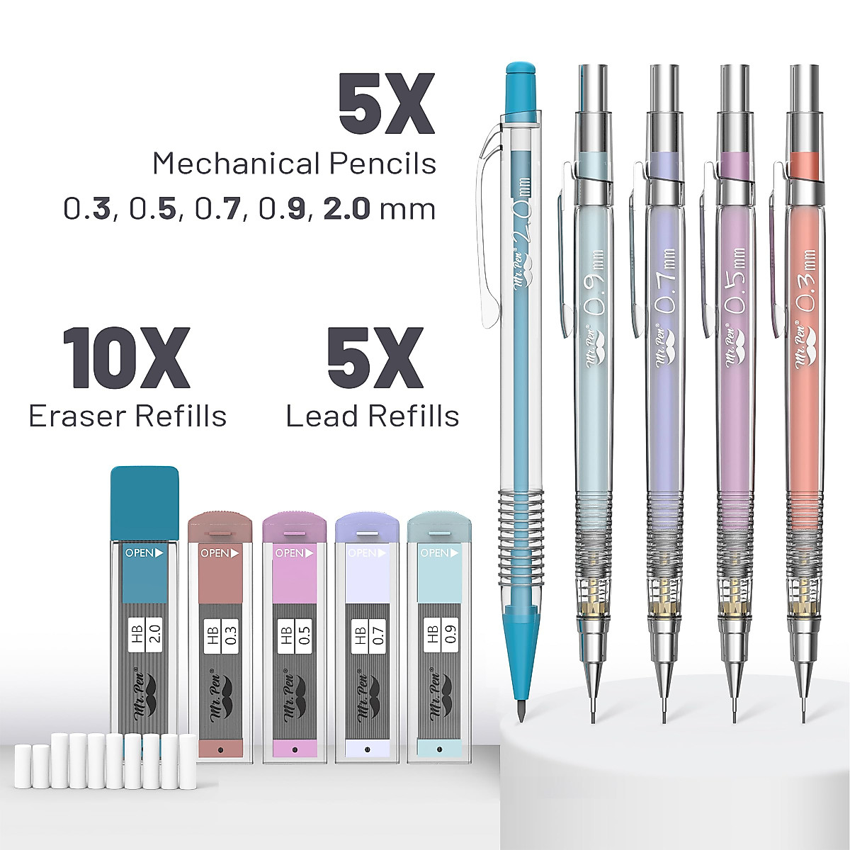 Mr. Pen- Pastel Mechanical Pencil Set with Black Lead and Eraser Refills, Clear Barrel, 0.3, 0.5, 0.7, 0.9, 2mm, Pastel Mechanical Pencils, Cute Mechanical Pencil Set, Aesthetic Mechanical Pencils