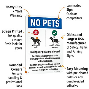 SmartSign 14 x 10 inch “No Pets - No Dogs Or Pets Allowed, Comfort/Emotional Support Animals Not Service...” Metal Sign, 40 mil Laminated Rustproof Aluminum, Multicolor