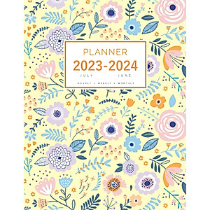 Planner July 2023-2024 June: 8.5 x 11 Large Notebook Organizer with Hourly Time Slots | Cute Pastel Floral Design Yellow