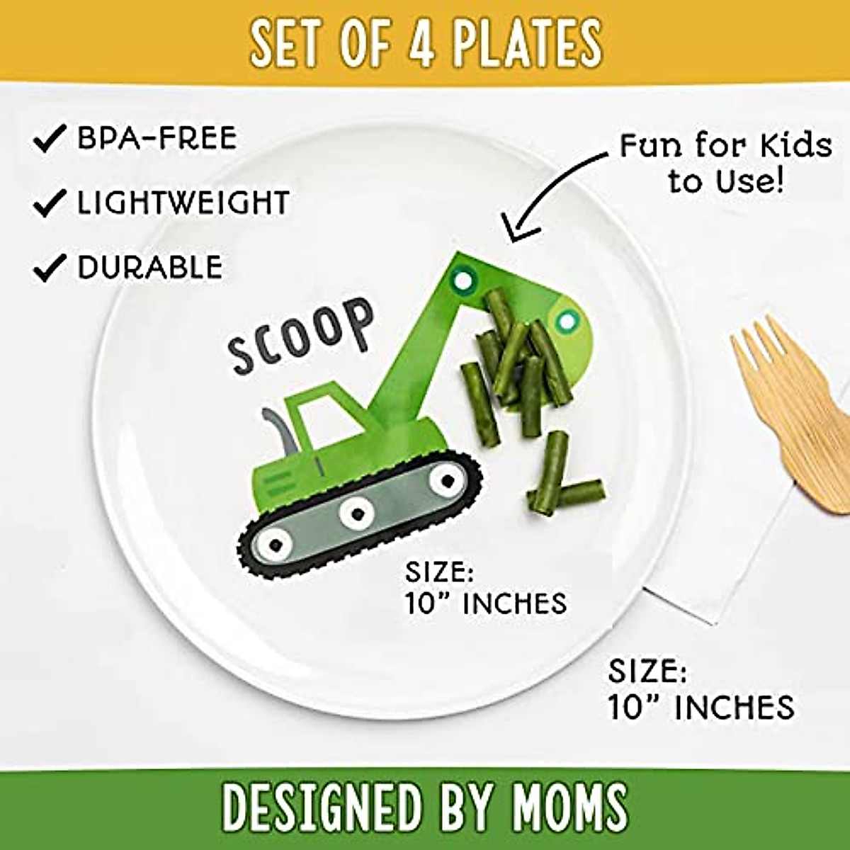 Tiny Expressions – Construction Plates for Toddlers - Set of 4 Melamine Plates for Kids - Mixer, Excavator, Bulldozer, and Dump Truck - Fun Plastic Plates for Kids