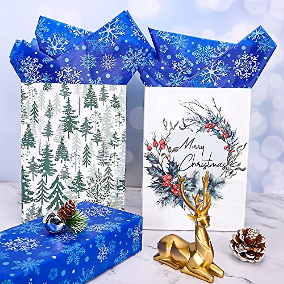 Whaline 100 Sheets Winter Tissue Paper Snowflakes Printed Gift Wrapping Paper Dark Blue White Snow Flakes Xmas Art Tissue Paper for Christmas DIY Crafts Gift Bags Winter Party Decor, 13.8 x 19.7"