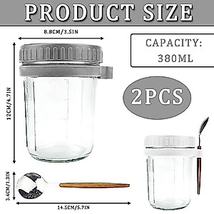 TSLBW 2 Pcs Overnight Oats Jars with Lid and Spoon 12 oz Glass Mason Overnight Oats Jars Breakfast Jars Overnight Oats Container with Measurement Marks Overnight Oats Pot for Milk Cereal Fruit
