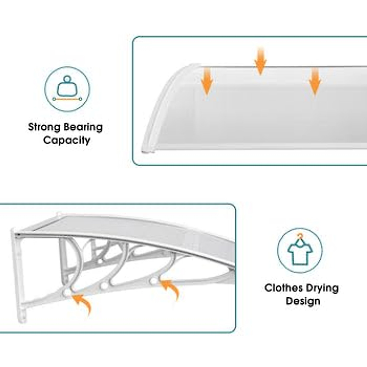 MCombo 39 inch x 38.6 inch Window Awning Outdoor Polycarbonate Hollow Sheet Door Patio Canopy (Clear Hollow Sheet/Pure Bracket+Grey Aluminum Fixing Bar)