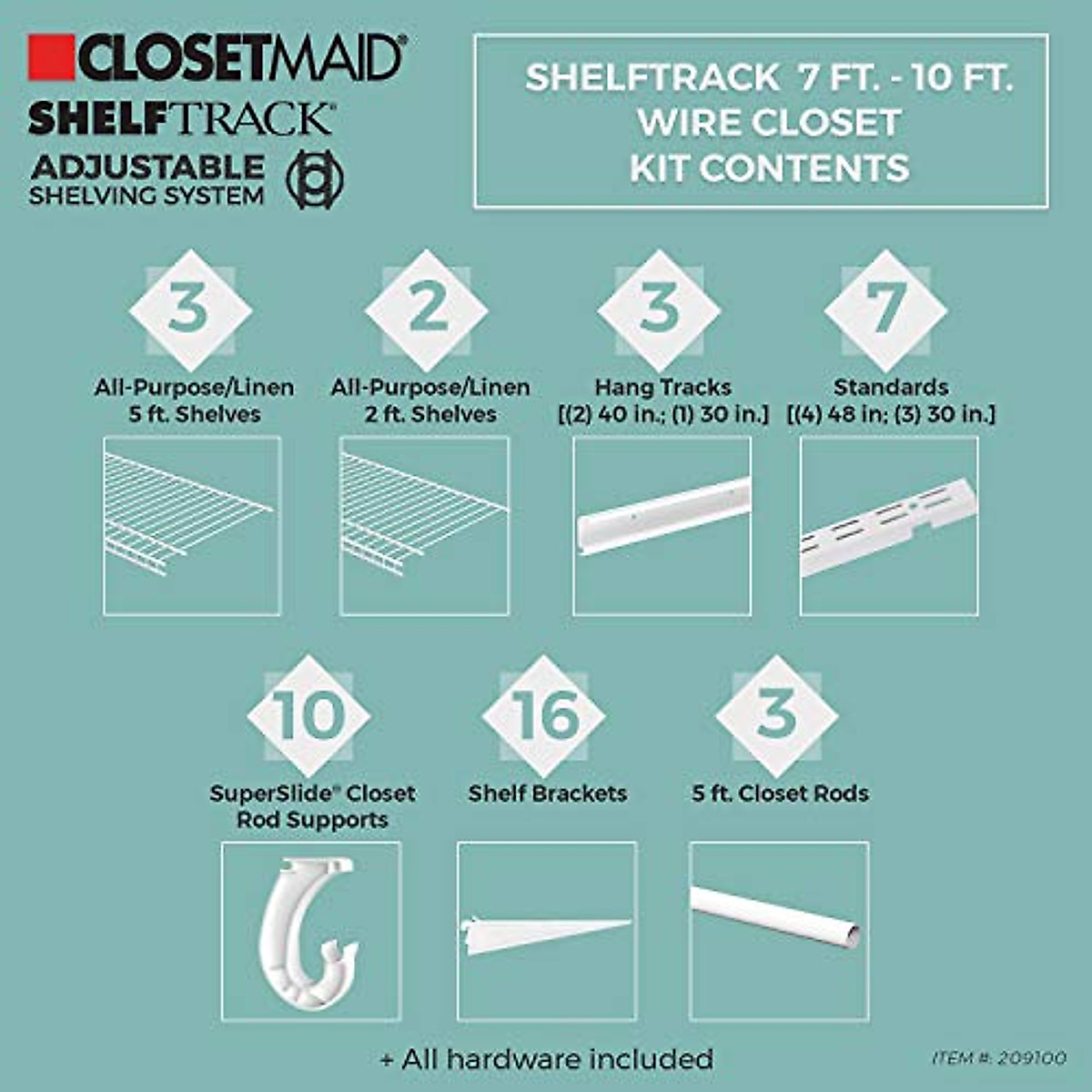 ClosetMaid ShelfTrack Wire Closet Organizer System Adjustable from 7 to 10 Ft, with Shelves, Clothes Rods, Hardware, Durable Steel, White, 7 ft ft