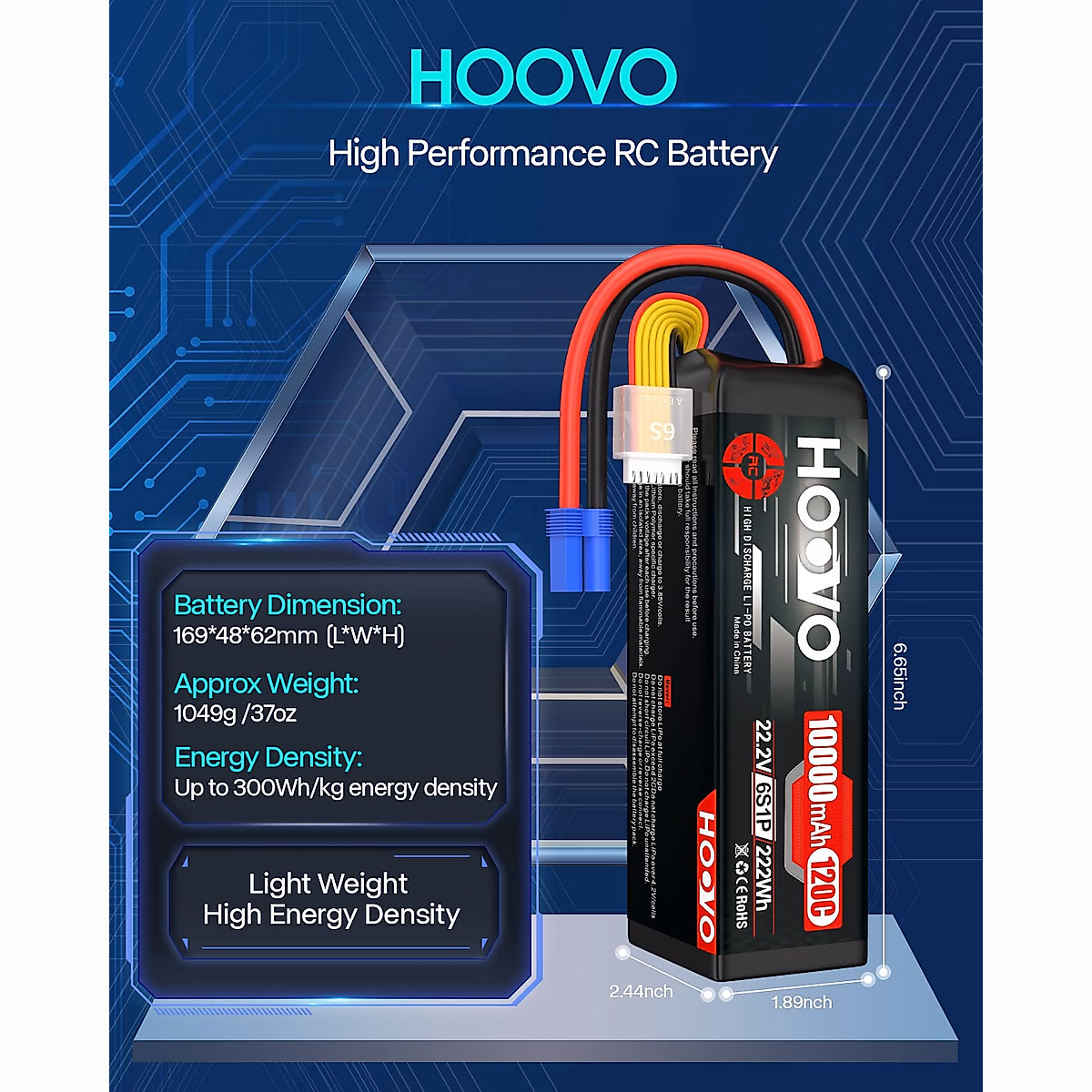 HOOVO 6S Lipo Battery 22.2V 10000mAh 120C RC Battery EC5 Plug Soft Case Compatible for RC Cars, Drones, DJI, FPV, RC Plane, Racing Hobby 2 Pack