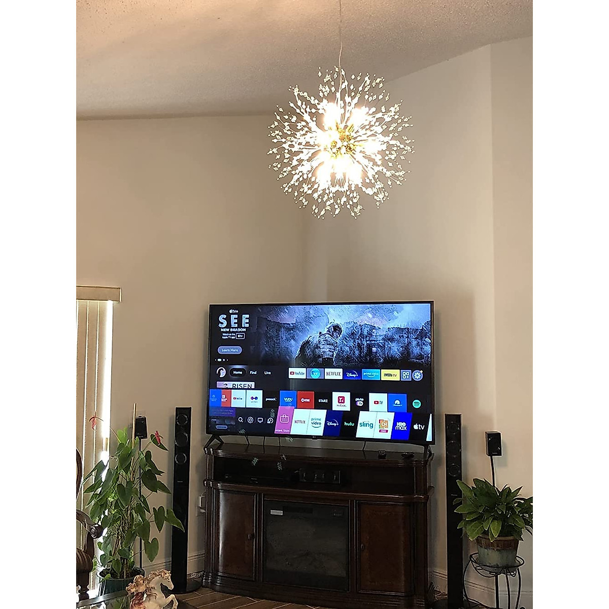 Yiisem Gold Crystal Chandeliers, 9-Light Modern Dandelion Firework Pendant Lighting, G9 Hanging Chandelier Light Fixtures for Dining Room Bedroom Hallway Kitchen Aisle