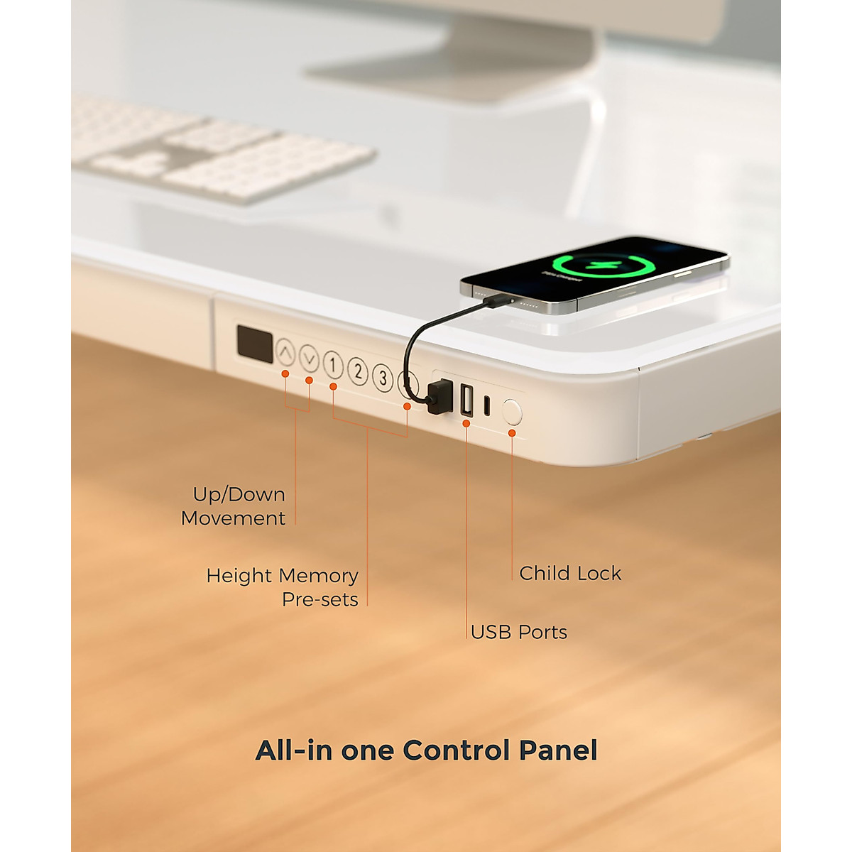 FitStand Standing Desk with Glass Desk Top, 48 Inches Height Adjustable Desk with Drawer,Electric Home Office Desk with USB Charge Ports& Child Lock, Stand Up Computer Desk