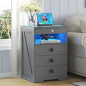 Lvifur RGB Nightstand with Gun Drawer, Glass Top Bedside Table with Wireless Charger Station, LED Night Stand with Human Sensor Design, Modern End Table for Bedroom Living Room (White)