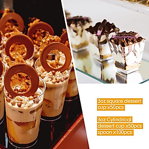 100 Set 3 oz Mini Dessert Cups with Spoons Round Clear Plastic Parfait Appetizer Cup Square Parfait Cups Disposable Shooter Cups Small Mousse Cups for Tasting Trifle Desserts Puddings, 2 Styles