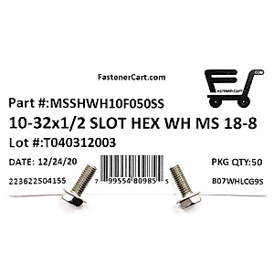 10-32X1/2 Slotted Hex Washer Head Machine Screws 18-8 Stainless Steel (50 Pcs)