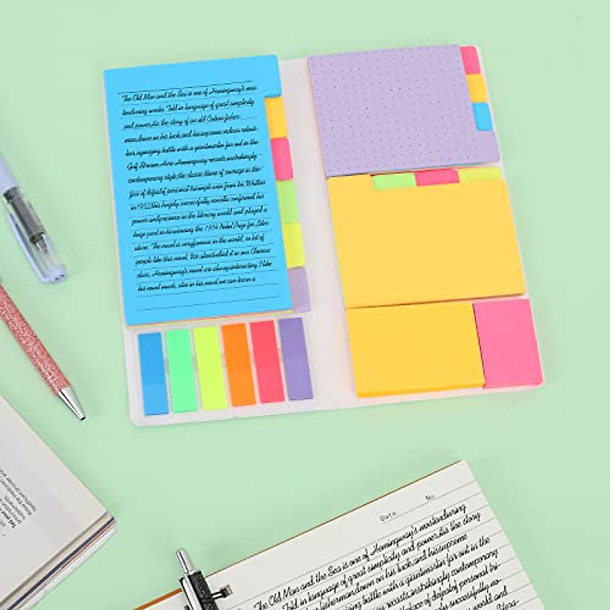 EOOUT 2pcs Sticky Note Set, Colored Divider Self-Stick Notes Pads Bundle Tabs Ruled Dotted PET Sticky Notes Book for School Supplies Office Supplies