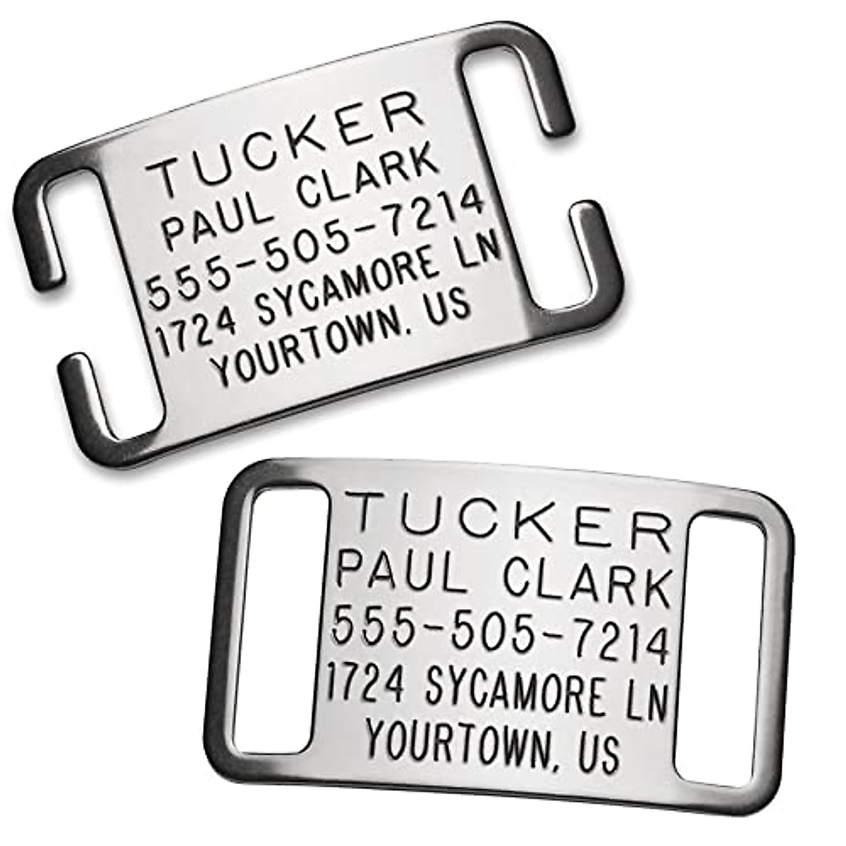 CollarTags Dog Tags Personalized for Pets - Deep Engraved Stainless Steel Lasts Your Pets Lifetime - Boomerang Tags, Dog Name Tag, Durable Custom Silent (Open End Large for 1 Inch Snap Style Collar)