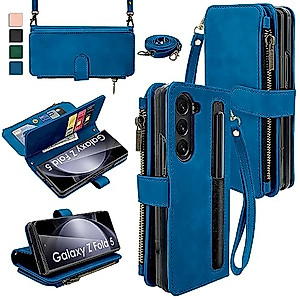 ZIULQIK for Samsung Galaxy Z Fold 5 Case, PU Leather Z Fold 5 Wallet Cases with S Pen Holder & Wrist Crossbody Strap & Card Holder Blue
