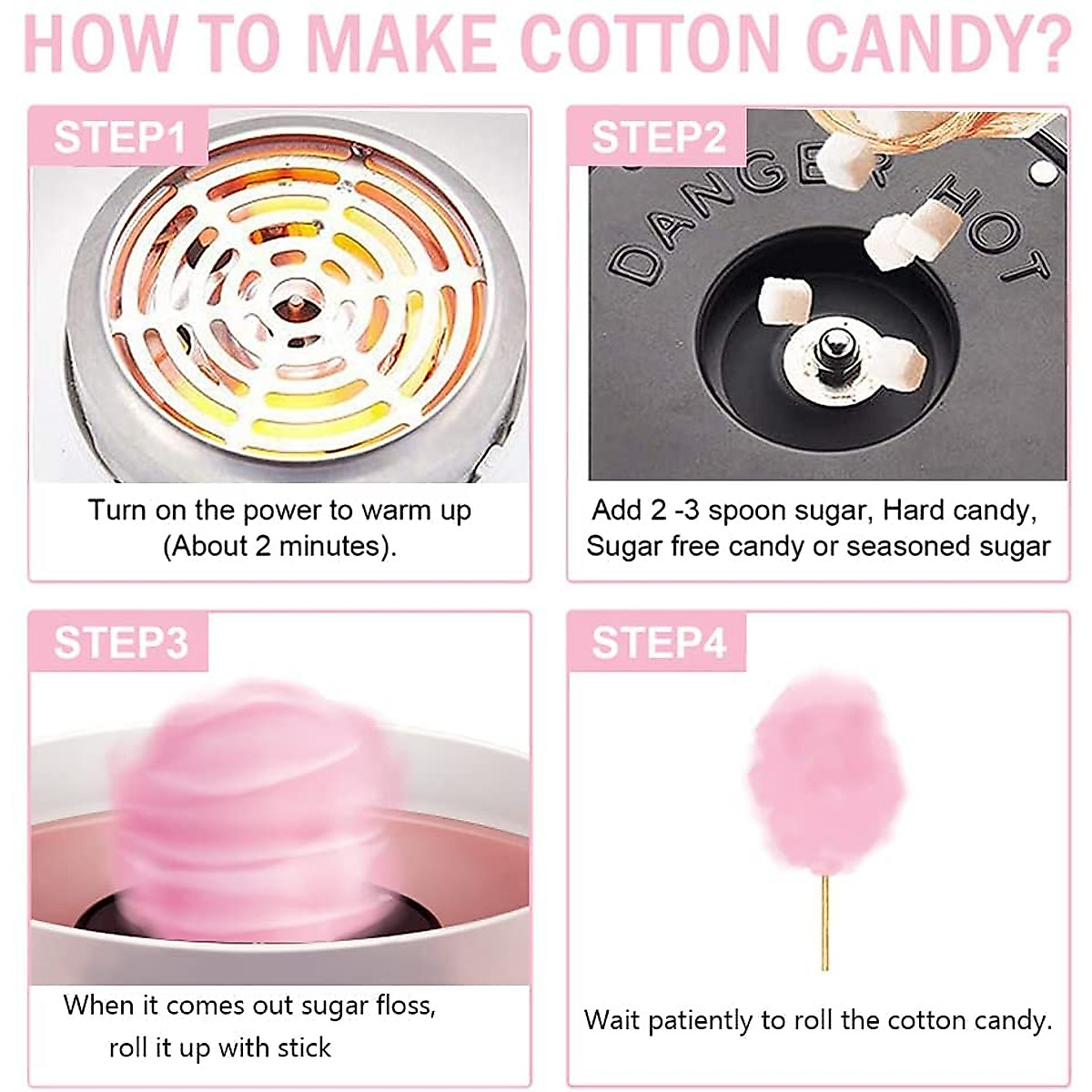 Jokpenes Cotton Candy Machine for Kids,Portable Mini Electric Cotton Candy Maker with 10 Reusable Cottons Candy Cones & Sugar Scoop for Birthday Family Party