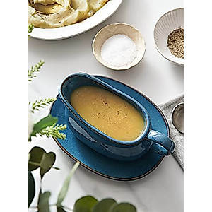 LE TAUCI 17oz Gravy Boat with Saucer Stand, Set of 1, Ceramic Sauce Boat with Tray for Salad Dressings, Creamer, Broth, Black Pepper, Ceylon blue