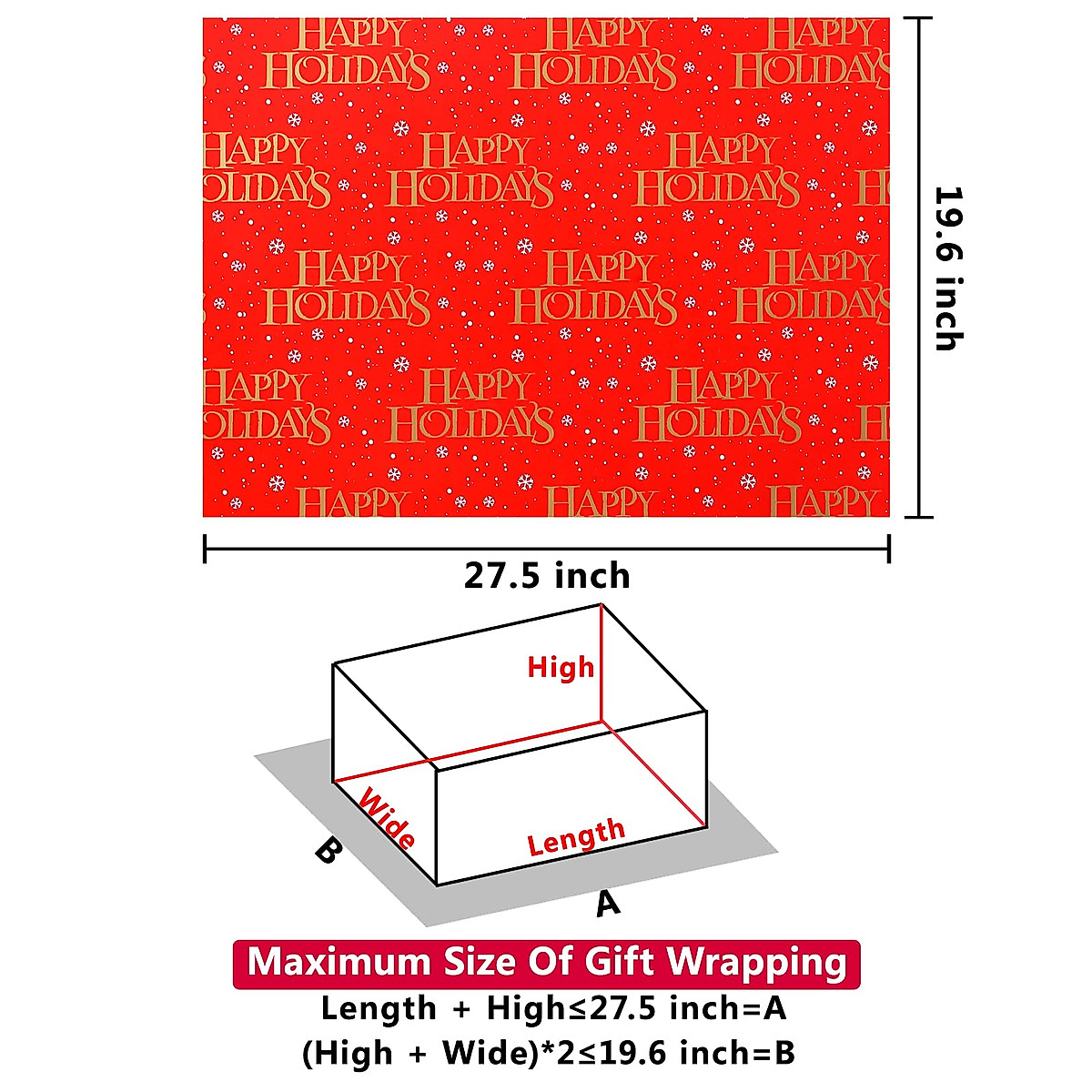 LeZakaa Christmas Gift Wrapping Paper - 12 Folded Sheet with 4 Different Christmas Design in Red (Snowflake, Tree, Dot, Happy Holiday Lettering)- 27.5 x 19.6 inches Per Sheet