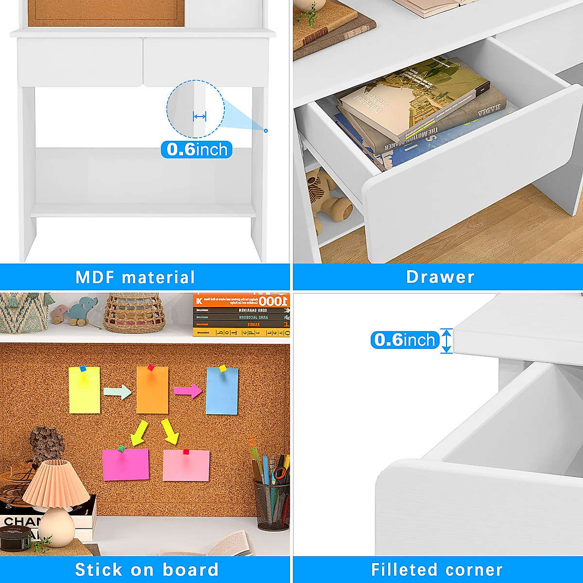 Vhger White Kids Desk and Chair Set, Childrens Computer Desk with Drawers and Storage Shelf, Kids Study Desk and Chair Set for 3-12 Years Old Kids