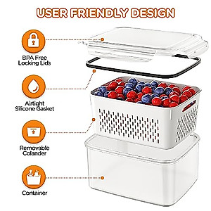 4-Pack Fruit Storage Containers for Fridge with Removable Colanders, 4 in 1 Produce Storage Containers for Refrigerator, Food Storage Container with Lid for Salad Berry Lettuce Vegetables Meat Keeper
