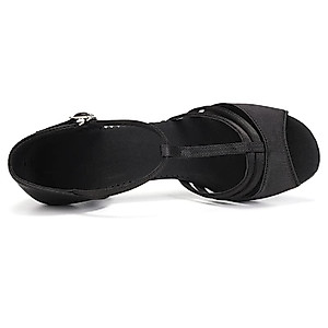 JUODVMP Women T-trap Latin Dance Shoes Satin Ballroom Performance Salsa Tango Black Dance Shoes Model WX2,7cm,6.5 US