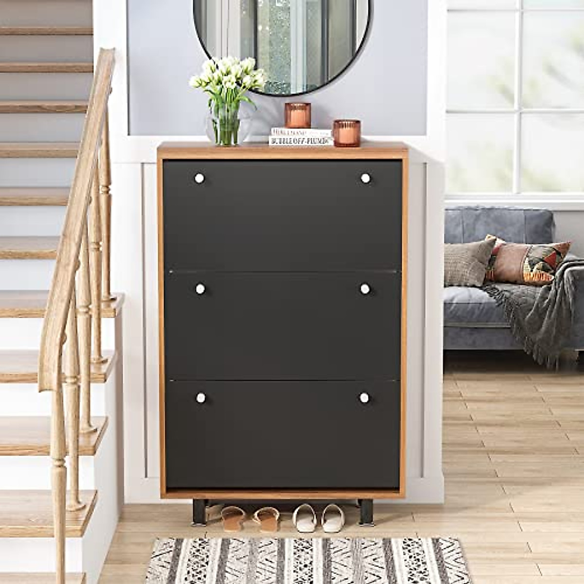 Tribesigns 3 Drawer Shoe Cabinet, Freestanding Shoe Rack Storage Organizer with Flip Door, Modern Tipping Bucket Shoe Cabinet for Entryway, Hallway, Bedroom, Small Spaces, Walnut & Black