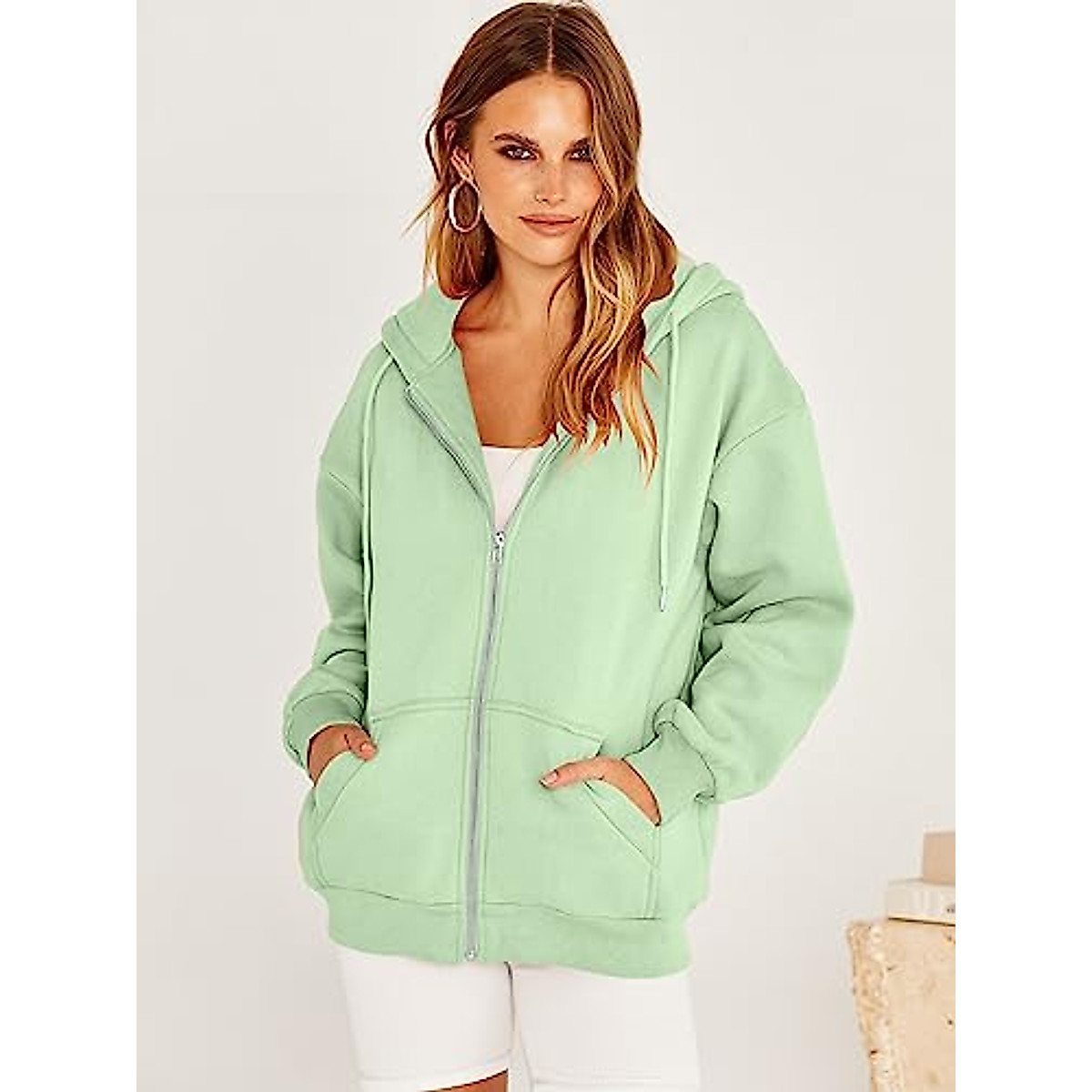Prinbara Women's Cute Tops 2023 Outfits Teen Girl Jacket Sweater Long Sleeve Sweatshirts Casual Tops Zip Up Trendy Clothes Light Green 9PA89-doulv-L