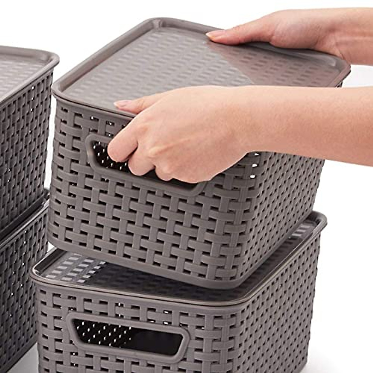 EZOWare Set of 8 Lidded Storage Bins, Large Plastic Stackable Weaving Wicker Basket Box Containers with Lid and Handle, (15.4" x 10.5" x 6.7" + 11" x 7.3" x 5.1")