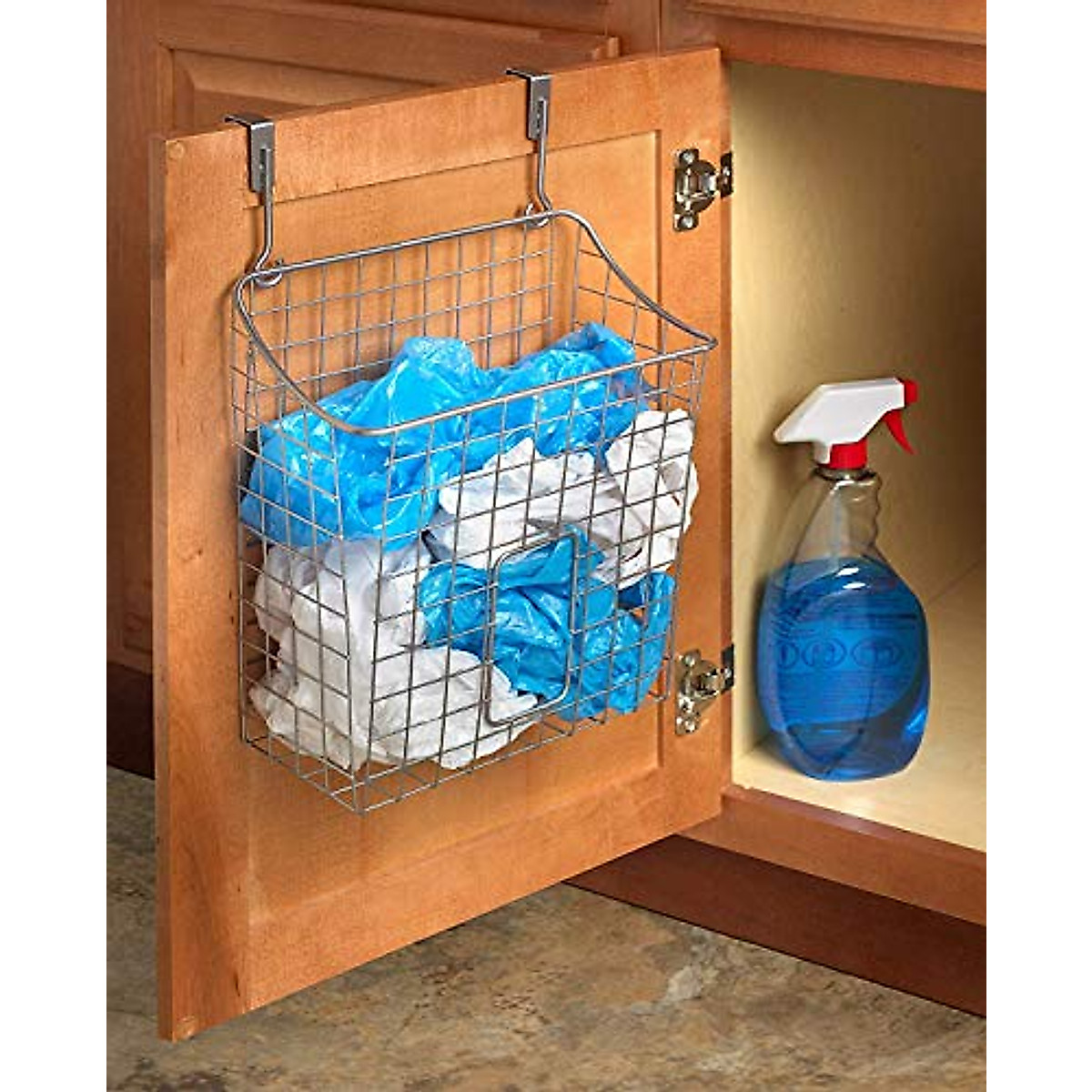 Spectrum Diversified Grid Trash Bin Plastic Holder for Kitchen Storage & Organization, Under Sink Organizer for Recycling Grocery Bags, Extra Large, Satin Nickel PC