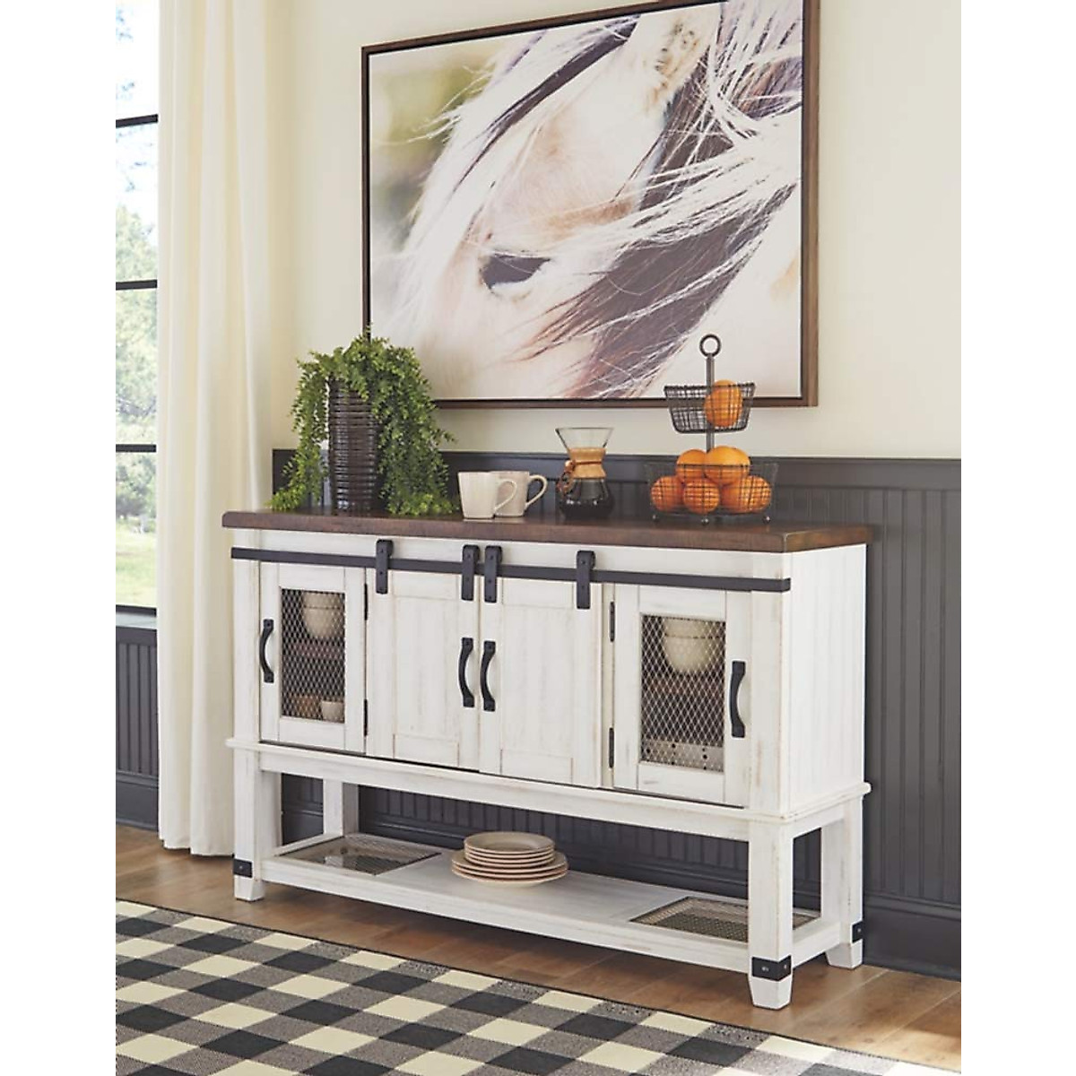 Signature Design by Ashley Valebeck Farmhouse Dining Room Server or Buffet, White & Brown