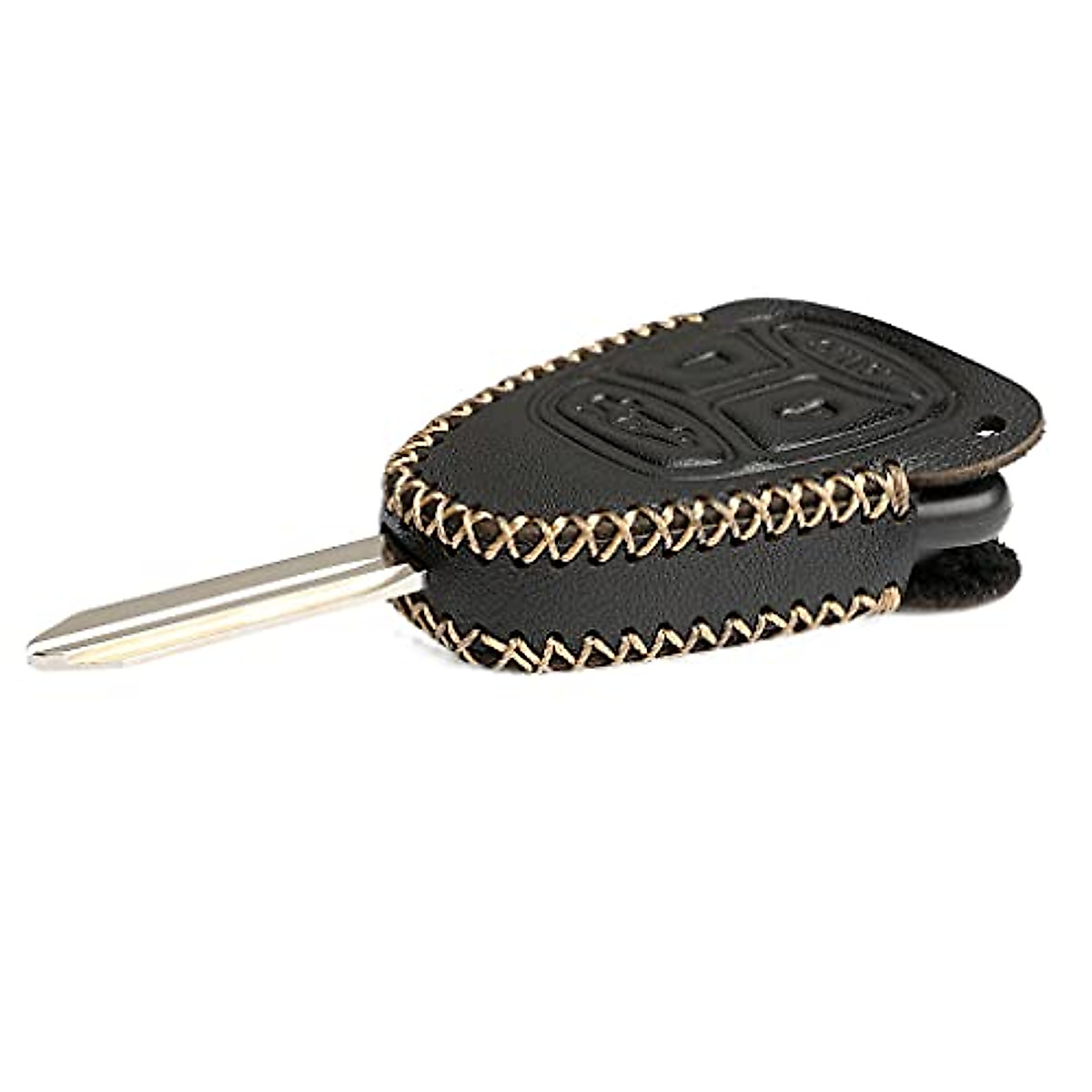 WFMJ Leather for 2006 2007 Jeep Grand Cherokee Dodge Chrysler Magnum Durango Charger 300 Remote 4 Buttons Key Case Holder Cover Fob Chain (Black)