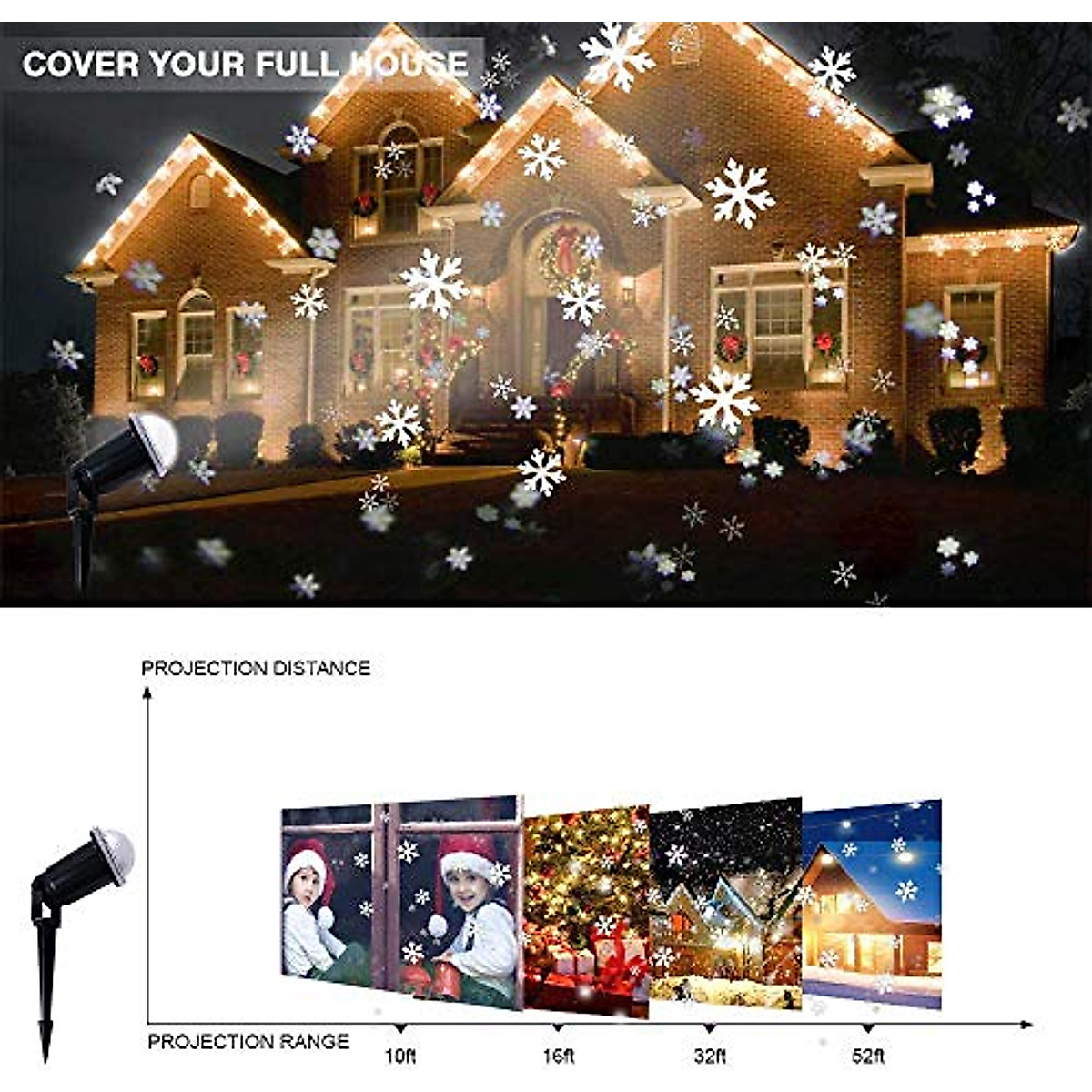 Outdoor Projector LED Lights Snowflake Decoration Christmas Lights White Snow Falling Projection Light with Remote Control for Xmas/House/Garden