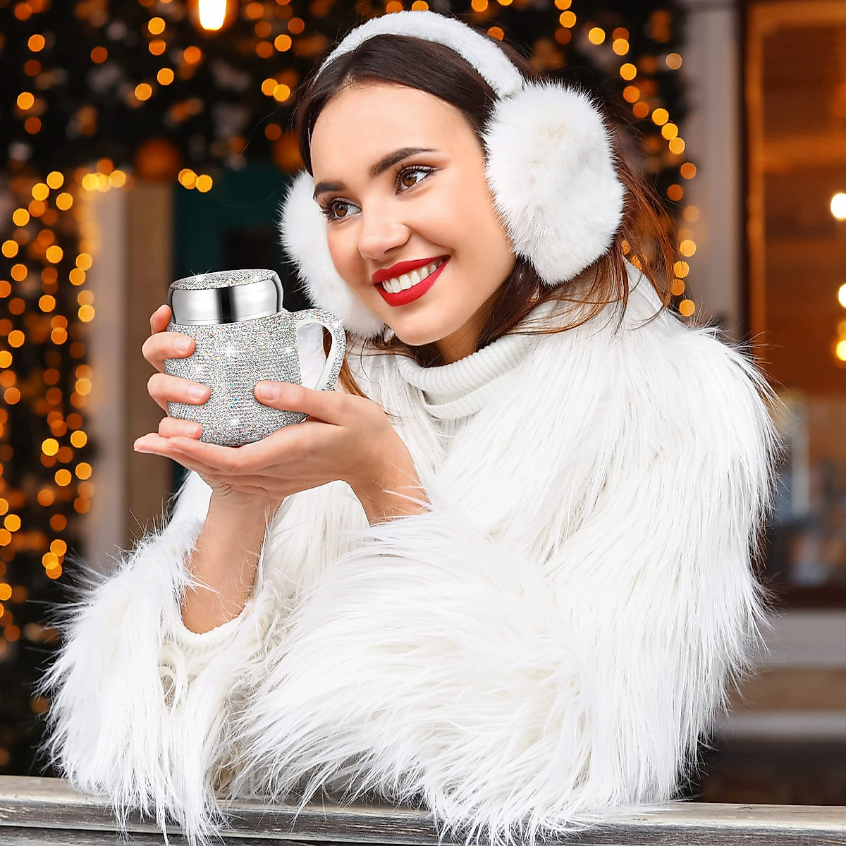 Meanplan Bling Rhinestone Coffee Mug for Christmas Gift Bling Water Bottle Rhinestone Ceramic Portable Travel Cup Crystal Coffee Cup with Lid and Handle for Women Office Home 13.5 oz (White)