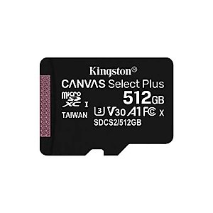 Kingston 512GB microSDXC Canvas Select Plus 100MB/s Read A1 Class UHS-I Memory Card + Adapter (SDCS2/512GB)