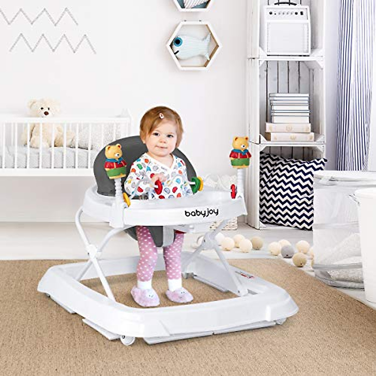 BABY JOY Baby Walker, Foldable Activity Walker Helper with Adjustable Height, Baby Activity Walker with High Back Padded Seat & Bear Toys, Gray