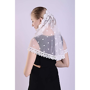 Grettytling Chapel Veil Embroidered Lace Mantilla Veil Head Covering Veils for Church，White
