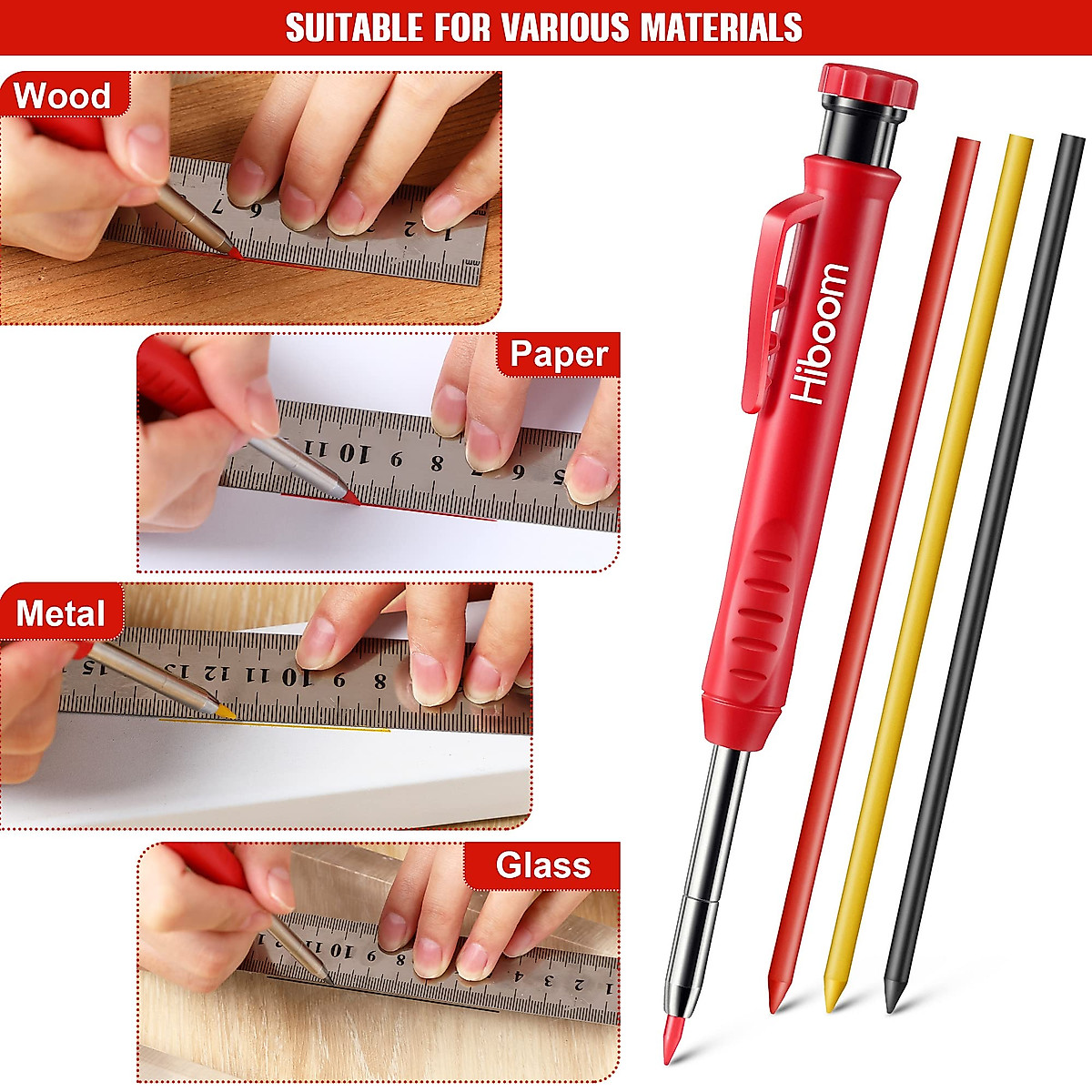 Hiboom 3 Pack Solid Carpenter Pencils with Carpenter Pencil Cap and 27 Refills, Deep Hole Mechanical Scriber Marking Tools with Built in Sharpener for Construction Woodworking Architect