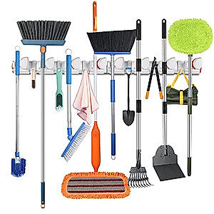 Lalafancy 2 Pack Mop Broom Holder Wall Mount, Broom and Mop Organizer Wall Hanging with Movable Sliding 4 Slots and 3 Hooks, Broom Hanger Storage Rack for Kitchen, Laundry Room