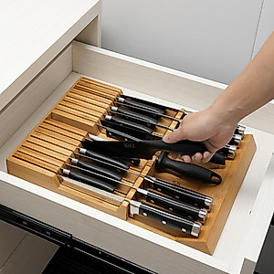 Utoplike In-drawer Knife Block Bamboo Kitchen Knife Drawer Organizer,Large handle Steak knife Holder without Knives, fit for 16 knives and 1 Sharpening Steel (16 Knife Organizer）