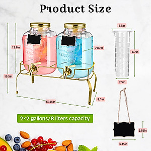 Lallisa 2 Pcs 2 Gallon Glass Drink Dispenser with Stand Ice Cylinder Hanging Chalkboard Signs 18/8 Stainless Steel Spigot Beverage Dispensers for Parties Mason Jar Drink Lemonade (Gold)