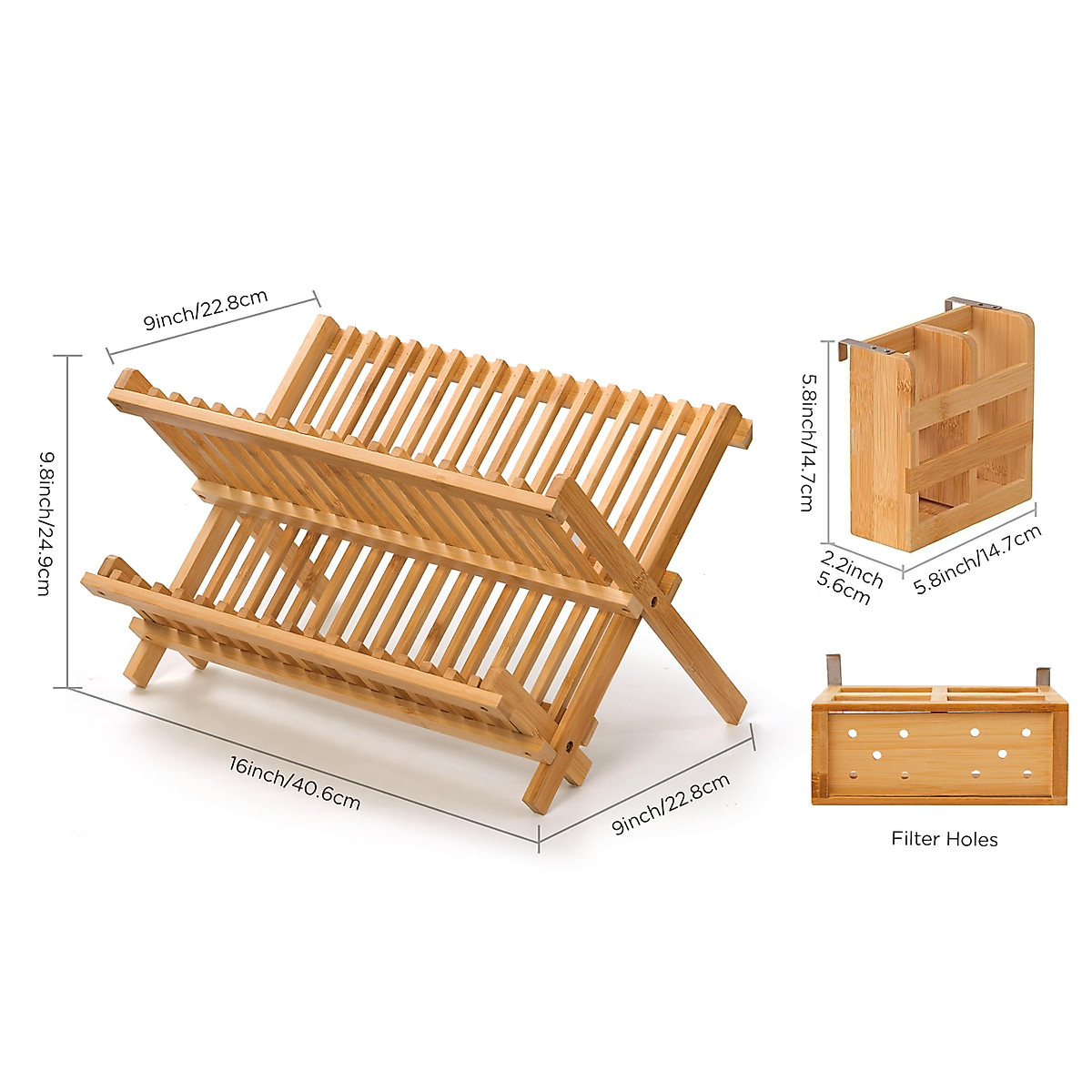 Oyydecor Bamboo Dish Drying Rack with Utensil Holder, 2 Tier Collapsible Dish Rack for Kitchen Counter, Large Folding Drying Holder, Dish Drainer, Kitchen Organizers and Storage